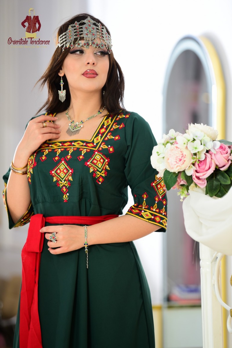 Modern Kabyle Chabha Dress embroidered satin stock available.